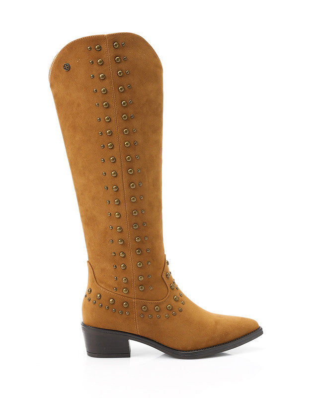 SUN-DVTX-002 Studded Suede Knee High Boot - CAMEL / 36 - Dejavu